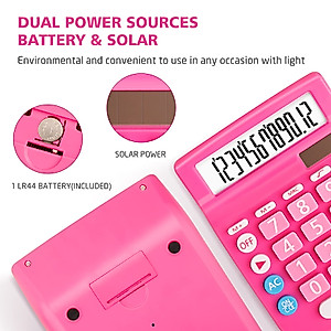 Calculators Desktop, Large Display Big Button, Solar and Battery Dual Power, 12 Digit Small Basic Standard Functional Calculator Cute for Office, Home, School (Pink)