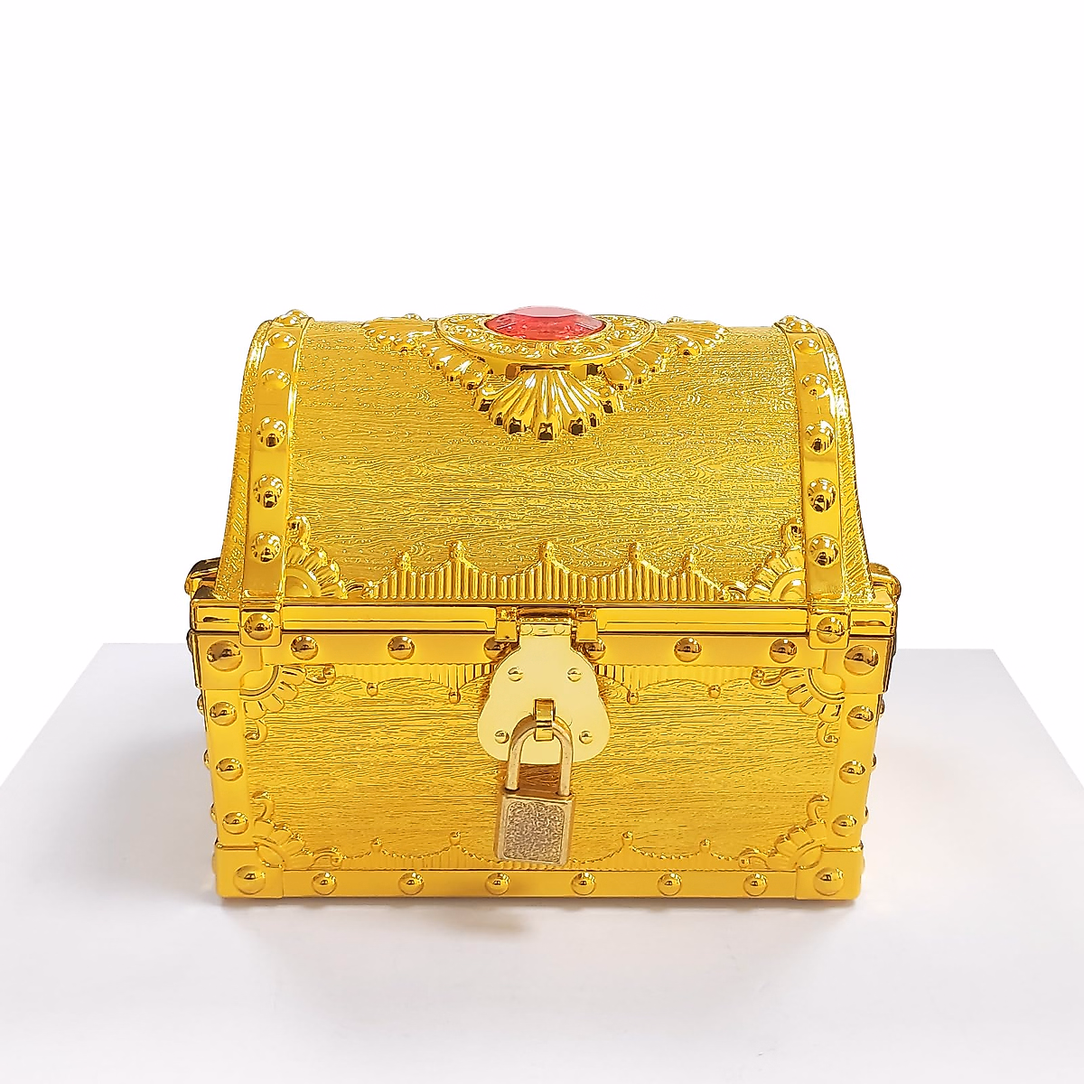 Pemalin Kids Pirate Treasure Chest Large Size Storage Box, Gem-encrusted Gold Decorative Chest with Lock and Key for Kids Birthday, Halloween, Christmas Pirate Party Favors