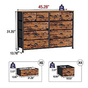 Furnulem Dresser for Bedroom, Nightstand with Fabric Drawers Storage Organizer Furniture for Closet, Living Room, Nursery, Hallway, Wooden Top, Metal Frame (Rustic Brown)