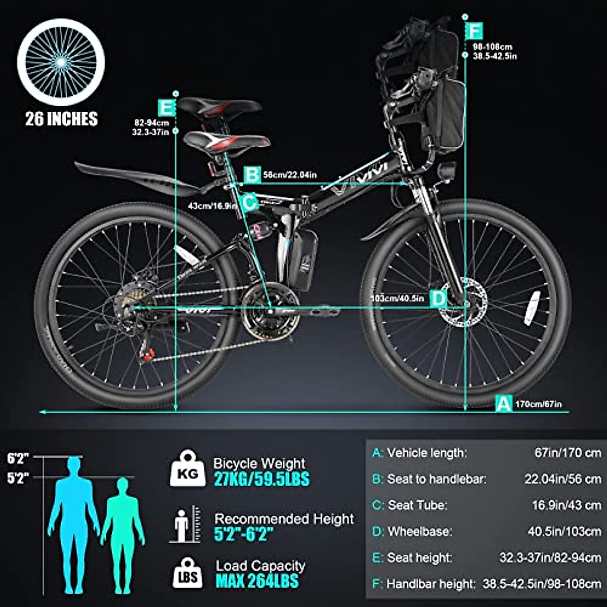 Vivi Electric Bike for Adults 26"/20" Ebike, 500W Folding Electric Bike, 20MPH Adult Electric Bicycles with Removable 48V Battery, Up to 50Miles Range, Cruise Control, Dual Shock Absorber