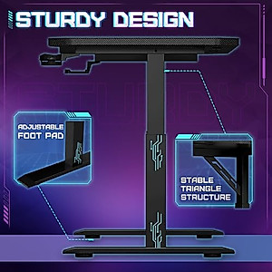 Shahoo Gaming Desk with Full Mouse Pad, Manual Adjustable Height Computer Table with Headphone Hook and Cup Holder, Black, 55 Inch