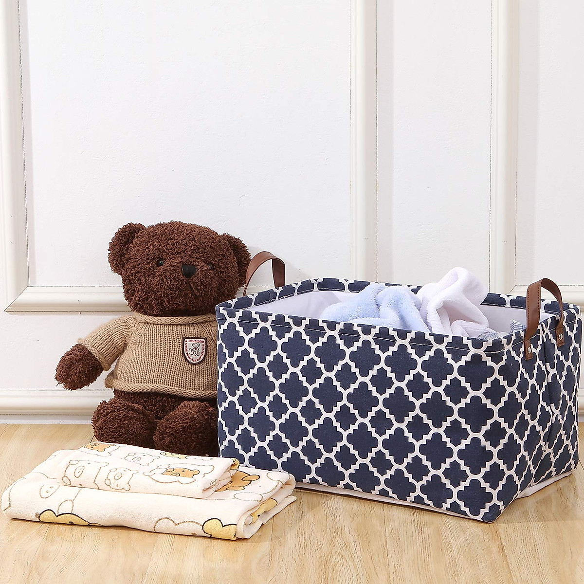 Sea Team Moroccan Lattice Pattern Canvas Fabric Storage Basket Collapsible Geometric Design Storage Bin with Drawstring Cover and PU Leather Handles, 16.5 by 11.8 inches, Waterproof Inner, Dark Blue