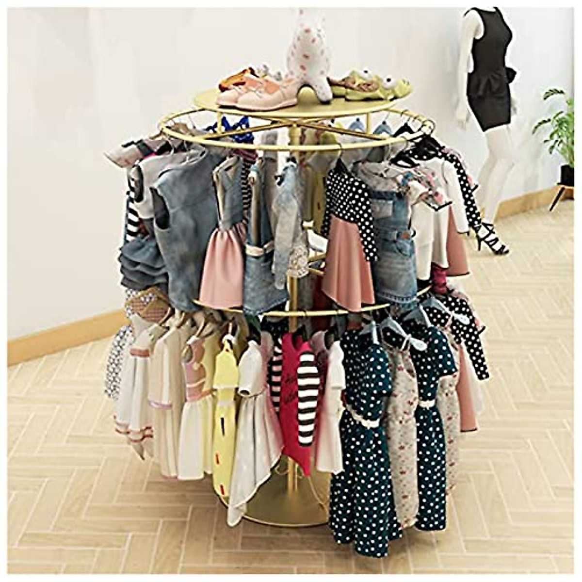 AMSXNOO Rotatable Round Clothes Rack 2-tier Kids Clothing Rack for Boutiques, Floor-Standing Circular Children Garment Rack Stand, Retail Display Costume Coat or Underwear Rack