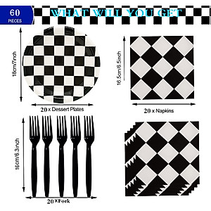 60Pcs Black and White Checkered Race Car Party Supplies,Racing Themed Tableware Set 7"Racing Dessert Paper Plates and Napkins,Fork for Kids Car Sports Race car Themed Birthday Party Decor (Car Set)