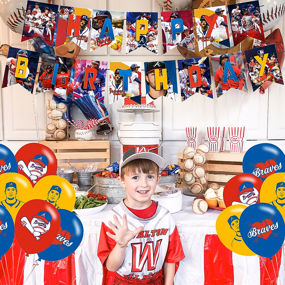 Atlanta Baseball Birthday Party Supplies, Atlanta Baseball Party Decorations,Braves Party Theme Includes Balloons,Banner,Cake Toppers for Baseball Kids Birthday Theme Party Decorations