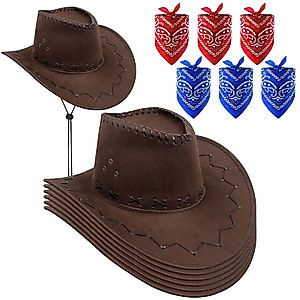 Komphy 12 Pack Cowboy Hat Bulk, Brown Wide Brim Western Cowboy Hat, Faux Suede Cowboy Hats Party Hats with Bandana and Adjustable Drawstring for Men Women Costume Party
