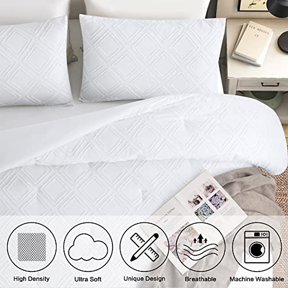 BEDHOURS Boho Comforter Set Queen,White Tufted Comforter Set,3 Pcs Shabby Chic Down Alternative Farmhouse Bedding Set Soft Lightweight Cooling Comforter for All Seasons