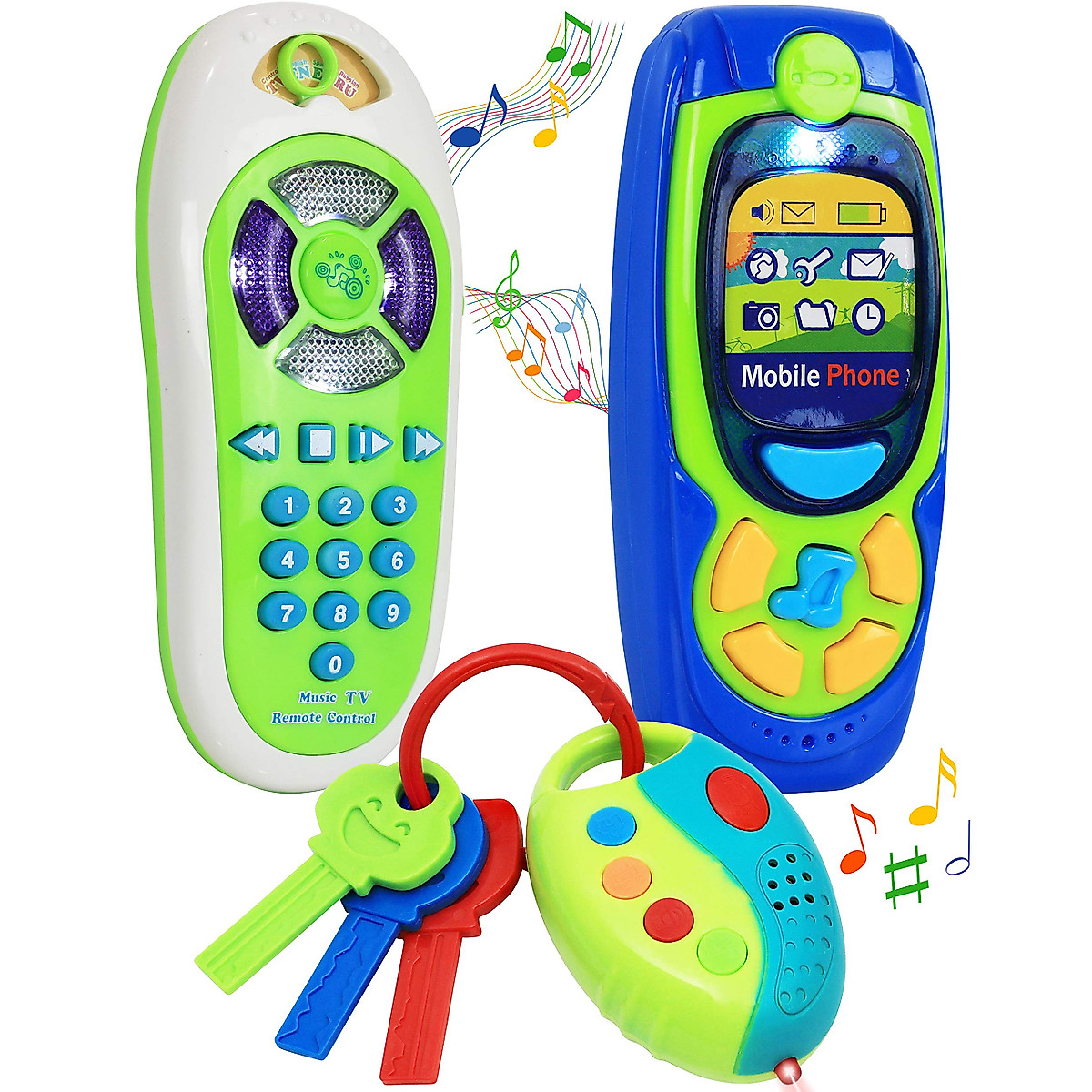 Click N' Play Pretend Play Cell Phone TV Remote & Car Key Accessory Playset for Kids with Lights Music & Sounds (Set of 3)
