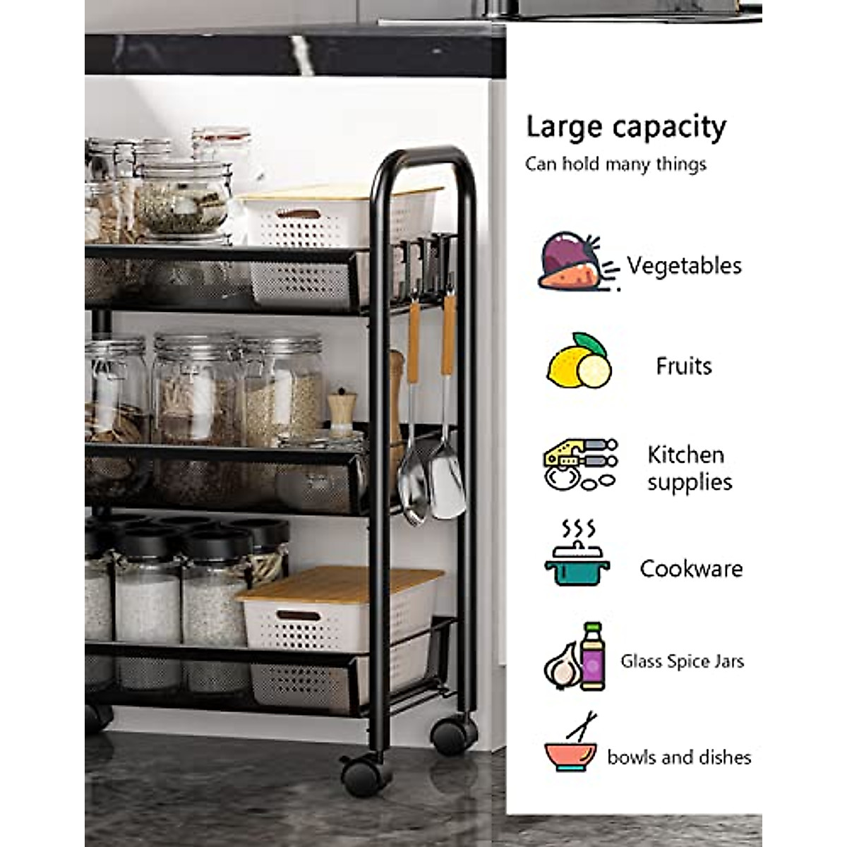 Rolling Storage Cart 3-Tier Metal Mesh Basket Shelves Kitchen Organizer with Wheels(Black)