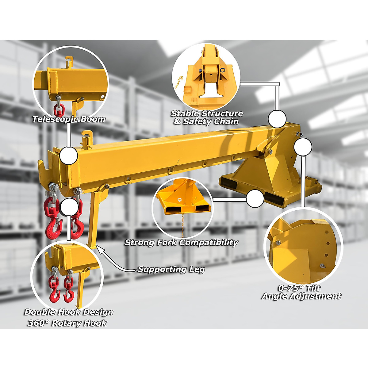 INTSUPERMAI Forklift Jib Boom Crane with 0-75° Adjustable Tilt Angle, 2 Ton/4400 LB Forklift Mobile Crane, Adjustable Forklift Crane Attachment with Truss Hoist Jib Boom Hook, Max 12.14ft/3.7m Length