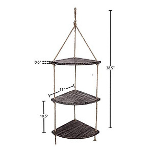 TIMEYARD Hanging Shelf Corner Wall Shelf, 3 Tier Distressed Wood Shelves with Jute Rope, Farmhouse Storage Organizer Rack Rustic Home Decor for Living Room Bedroom Bathroom Kitchen