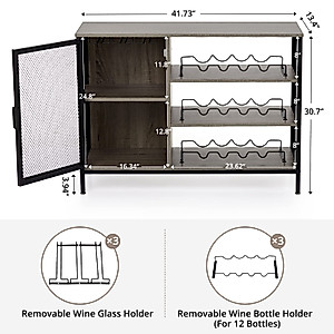 Fashionwu 42 Inches Wine Cabinet with Storage Shelf, Industrial Bar Cabinet with Removable Wine Rack and Glass Holder, Wood Freestanding Wine Rack Cabinet for Liquor and Glasses(Gray)