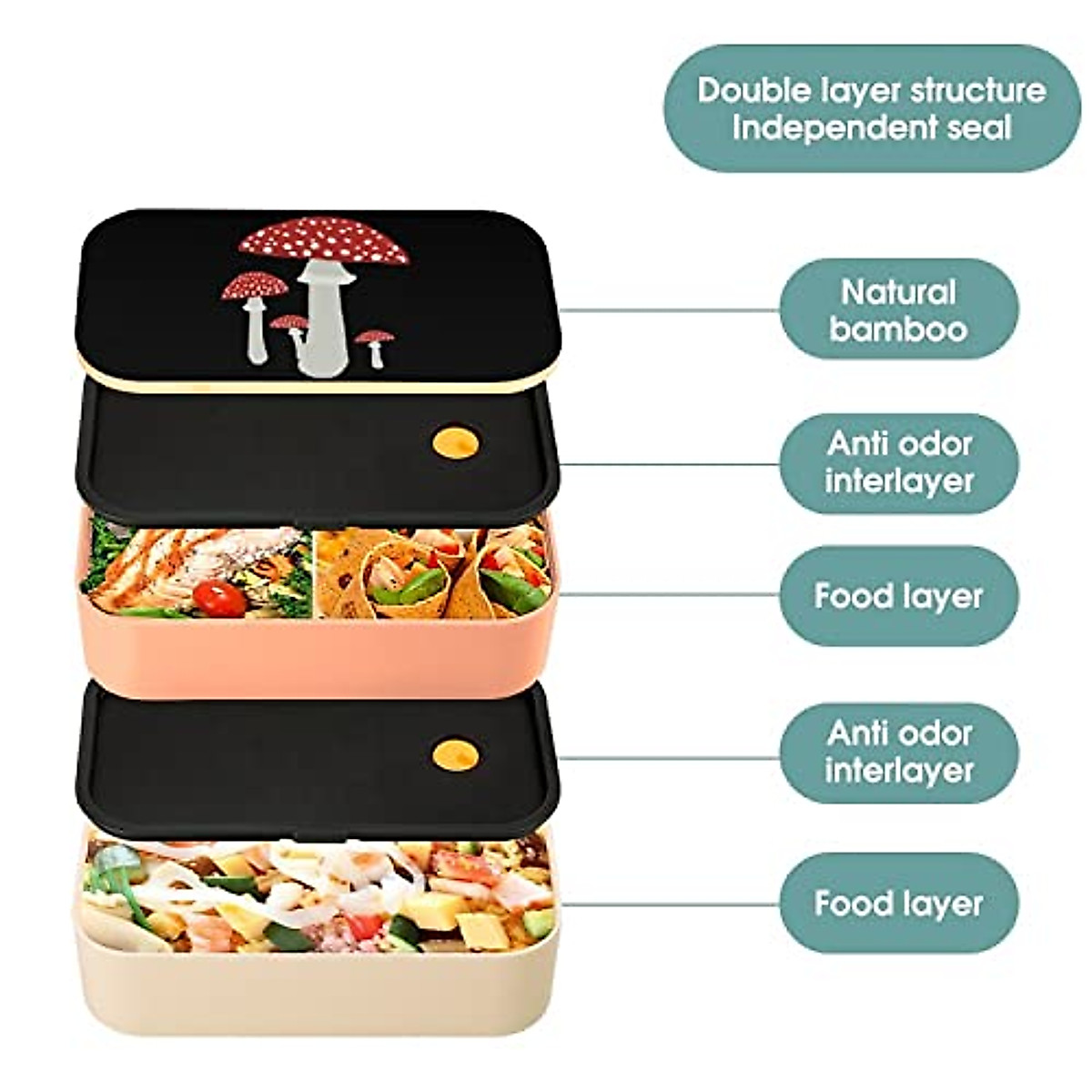 Mushrooms Red Art Bento Lunch Box Leak-Proof Bento Box Food Containers with 2 Compartments for Offce Work Picnic Yellow-Style