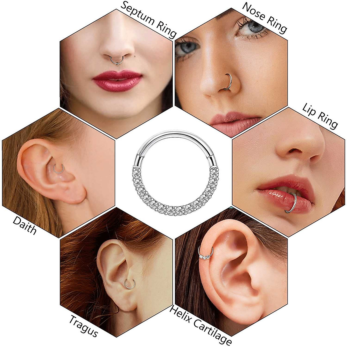 Jstyle 6Pcs Septum Rings 16G 18G Surgical Steel Nose Rings Hoop for Women Cartilage Hoop Earring Clicker Septum Jewelry Opal Hinged Nose Ring Lip Helix Daith Rook Tragus Nose Piercing Jewelry 18G 10mm