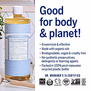Dr. Bronner's - Pure-Castile Liquid Soap (Baby Unscented, 1 Gallon, 2-Pack) - Made with Organic Oils, 18-in-1 Uses: Face, Hair, Laundry and Dishes, For Sensitive Skin and Babies, No Added Fragrance