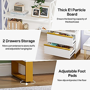 Tribesigns 4-Tier Bookshelf with 2 Drawers, 71" Tall White and Gold Bookshelf with Open Shelves & Drawer, Modern Bookcase Display Book Shelf Organizer for Bedroom, Living Room, Home Office