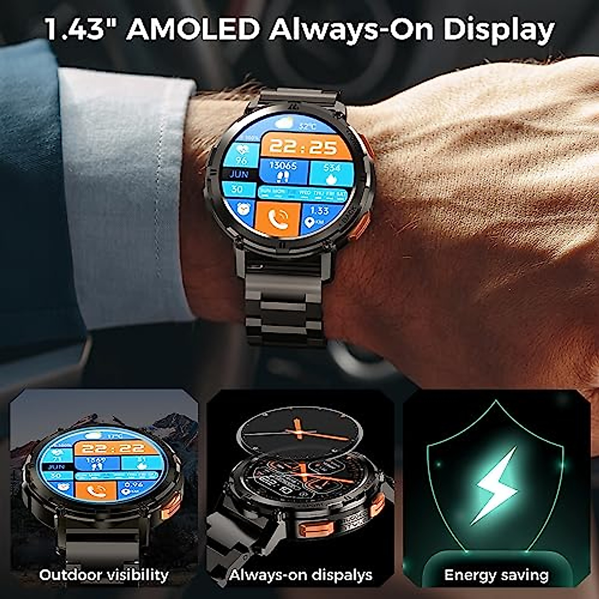 KOSPET Smart Watch AMOLED Display 2 Bands(Metal+Rubber) 60 Days Ultra-Long Battery Life (Call Receive/Dial) 70 Sports Modes 5ATM/IP69K Waterproof Smartwatches for Android iPhone