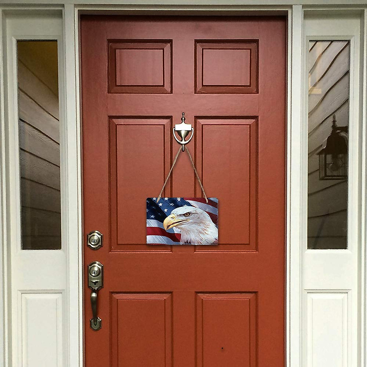 Welcome Wall Hanging Sign- Bald Eagle Head in American Flag Patriotic Army Stripe Star Blue Red White Slate Hanging Plaques for Front Door Porch Window Farmhouse Garden 5.1" x 7.9" Wall Home Decor