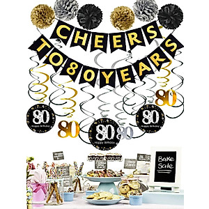 Famoby 80th Birthday Party Decorations Kit - Gold Glittery Cheers to 80 Years Banner,Poms,12Pcs Sparkling 80 Hanging Swirl for 80th Anniversary Decorations 80 Years Old Party Supplies