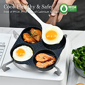 4-Cup Egg Pan Nonstick for Breakfast Brunch, Pancake Pan with Turner and Brush, Non Stick Egg Frying Pan, Granite Coating Mini Egg Cooker Pan, Small Egg Skillet Suitable For Gas Stove & Induction Top