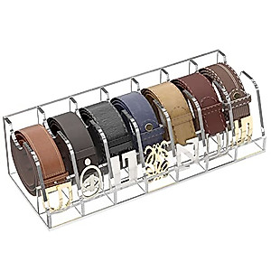 FEMELI Belt Organizer, Acrylic Clear Belt Case Storage Holder for Closet and Drawer, 7 Compartments Belt Box Container with Display Stand