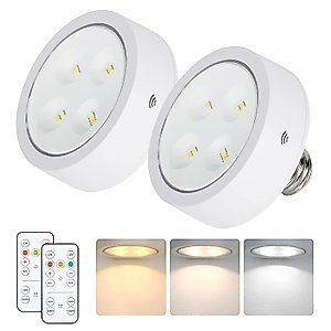 Battery Operated Light Bulb for Lamps, Screw in LED Puck Lights with Remote, Replacement AA Battery Powered Wireless Dimmable Timer Light Bulb with E26 Socket for Non Electric Wall Sconce(Pack of 2)
