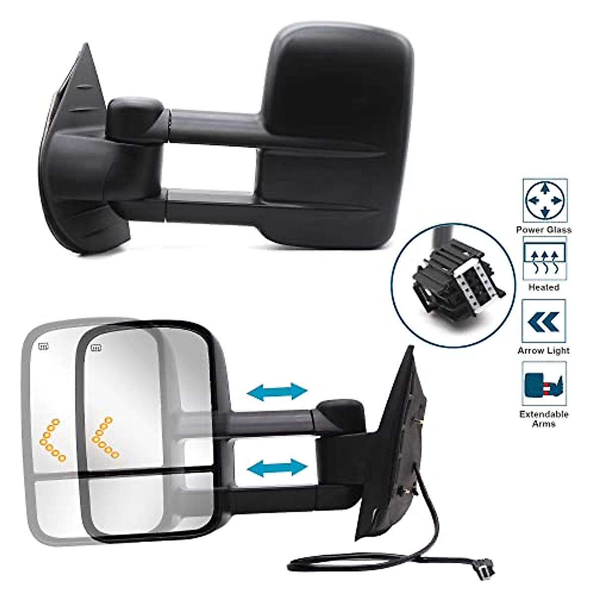 Adanz Towing Mirrors fit for 2007-2014 Chevy Silverado 1500 2500 3500 GMC Sierra Yukon Tahoe Power Heated Manual Telescopic LH RH Tow Mirrors Black Cap