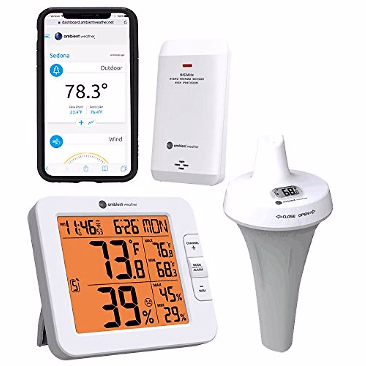Ambient Weather WS-8482-3107 7-Channel WiFi Remote Monitoring Weather Station with Indoor/Outdoor Temperature & Humidity, Floating Pool, Spa & Pond Thermometer