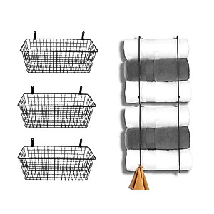 2 Pack Towel Rack Holder and 3 Set Hanging Extra Bakset, Minimalist Design,Wall Mounted Metal Towel Shelf with Hooks,Wall Mount Fruit Basket,No Drilling,Black