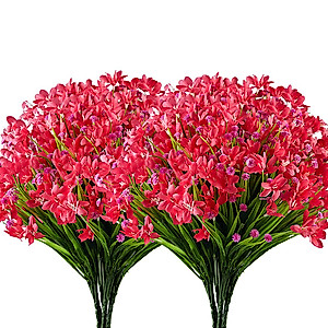GREBOU 10 Bundles Artificial Daffodils Flowers Faux Plastic Lotus Shrubs UV Resistant No Fade Faux Greenery for Bridal Bouquet Home Garden Hanging Planter Porch Patio Office Wedding Decoration(Red)