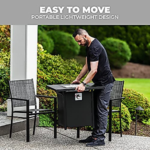 Outland Living Main Street 430 Model Square Fire Pit Table for Outside Patio – 28" Compact Outdoor Propane Gas Fire Table, Black – with Glass Rocks Set, Pre-attached 1m Hose and Regulator