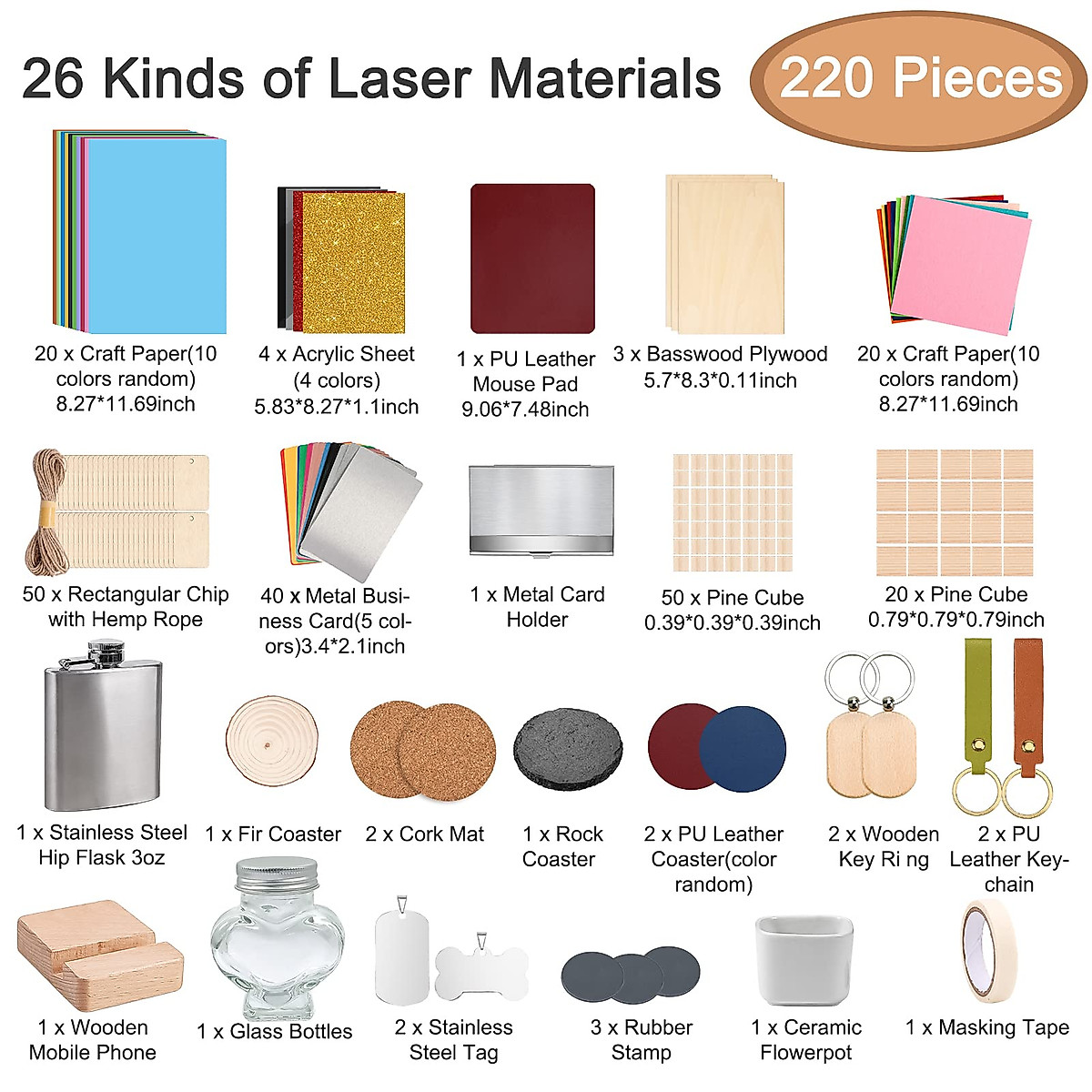 Csyidio 220PCS Engraving Material Box, DIY Materials Apply to All Laser Engravers with Instructions, Laser Engraving Supplies Including Acrylic Sheet, Metal Materials, Wood Materials