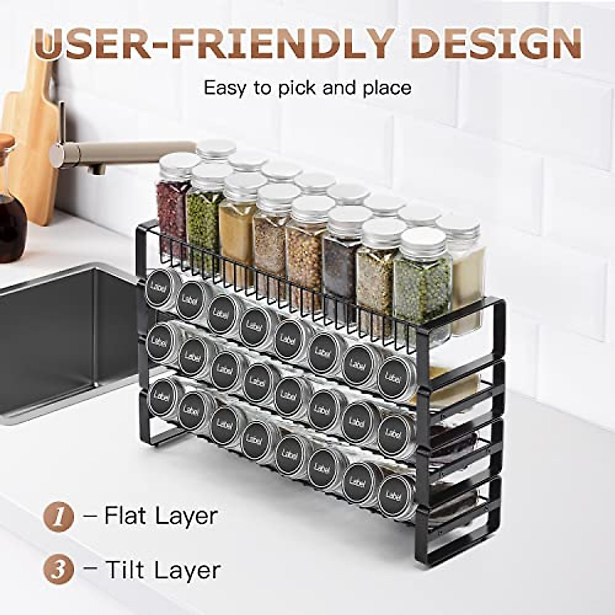 JONYJ Spice Rack Organizer for Cabinet, 4 Tier Stackable Seasoning Rack Organizer, Detachable Countertop Spice Rack, Freestanding Spice Jar Organizer, Black Frosted Iron Kitchen Counter Shelf