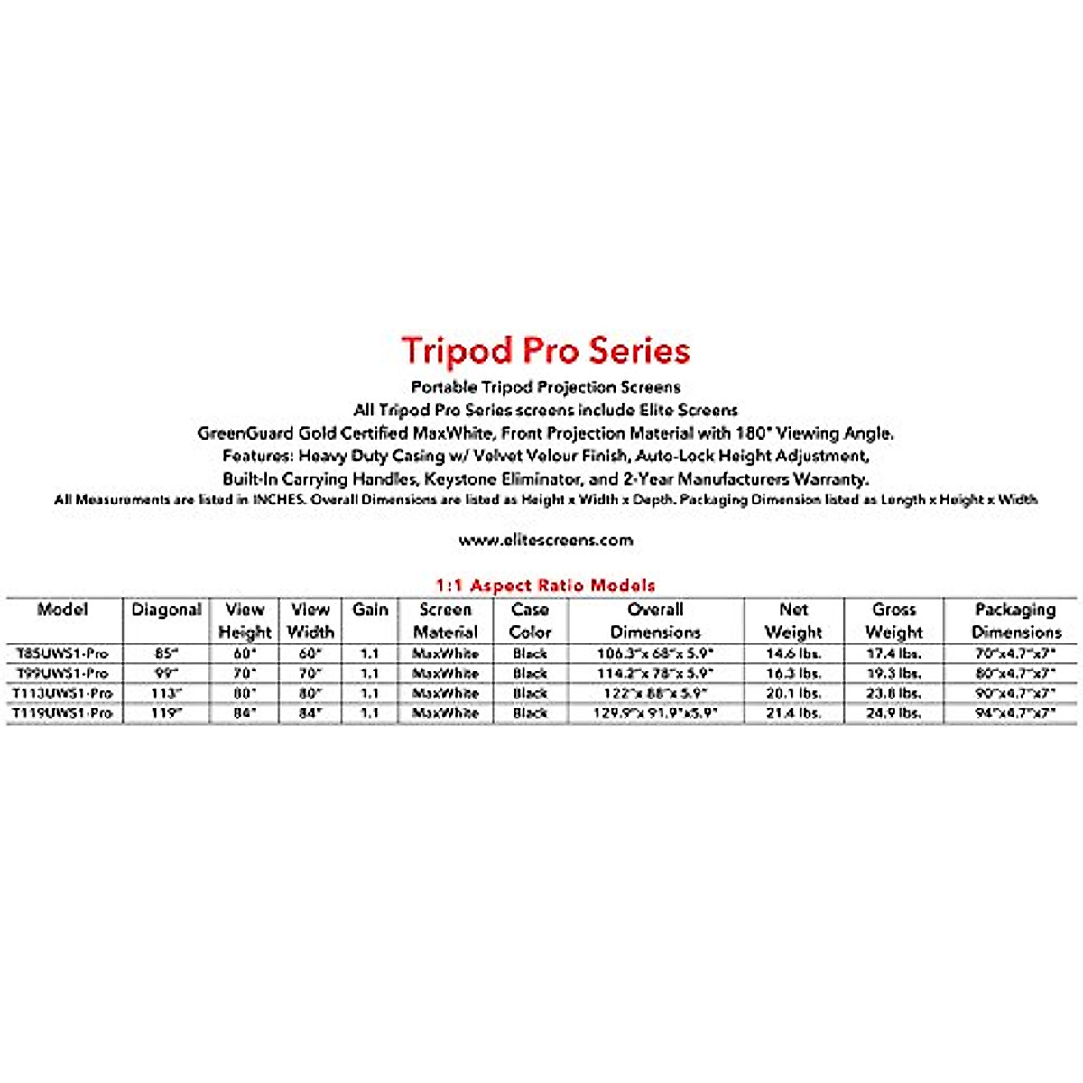 Elite Screens Tripod Pro Series, 119-INCH 1:1, 16:9, 4:3 Adjustable Multi Aspect Ratio Portable Indoor Outdoor Projector Screen, 8K / 4K Ultra HD 3D Ready, 2-YEAR WARRANTY, T119UWS1-PRO, black