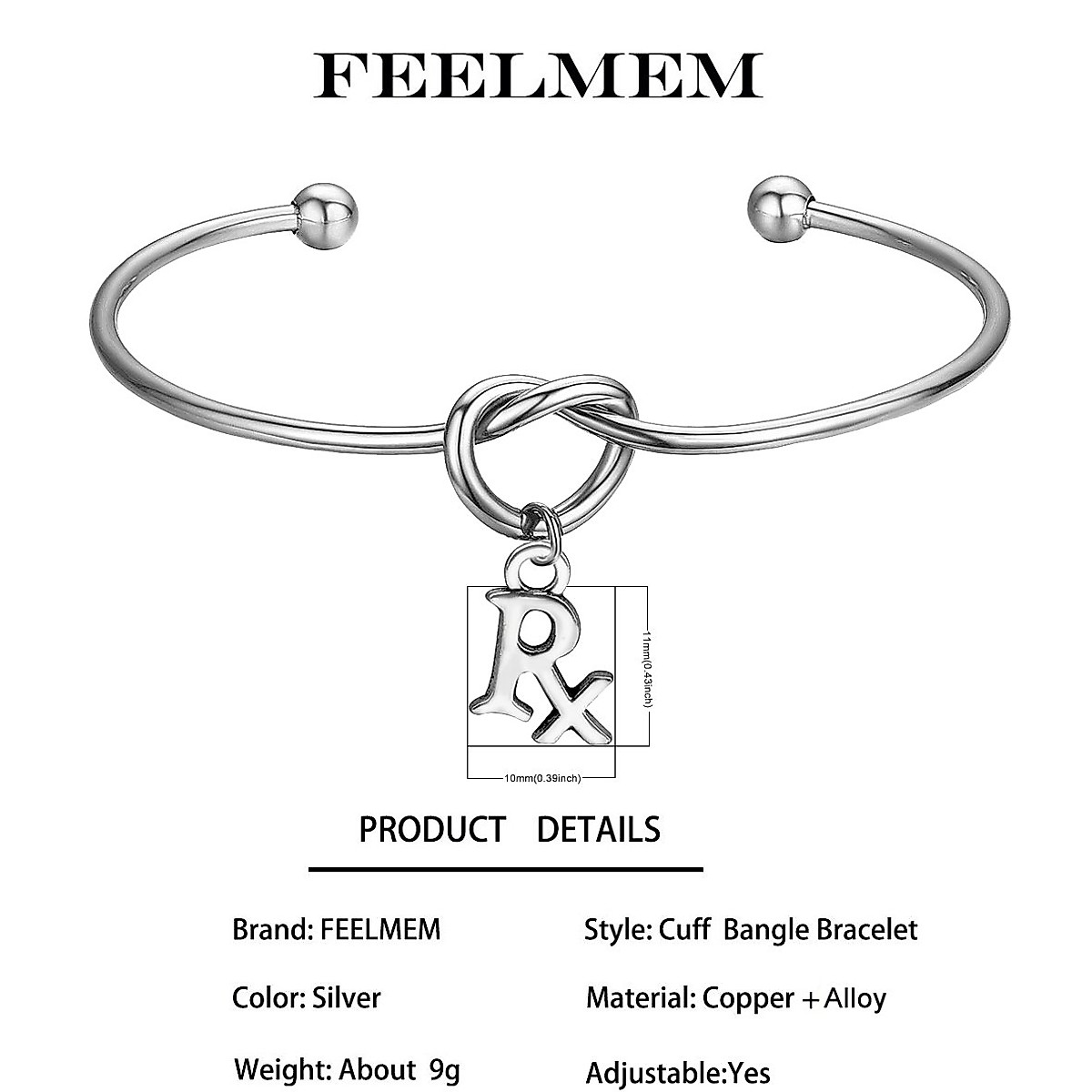 FEELMEM Rx Pharmacist Pharmacy Bracelet Love Knot Bangle with RX Symbol Charm Bracelet Graduation Gift(RX charm-Silver)