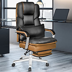 SeekFancy Reclining Office Chair with Footrest O203, Big and Tall Office Chair 500lbs Wide Seat with 170° Backrest, High Back Large Executive Office Chair Lumbar Support，Black Leather Managerial Chair