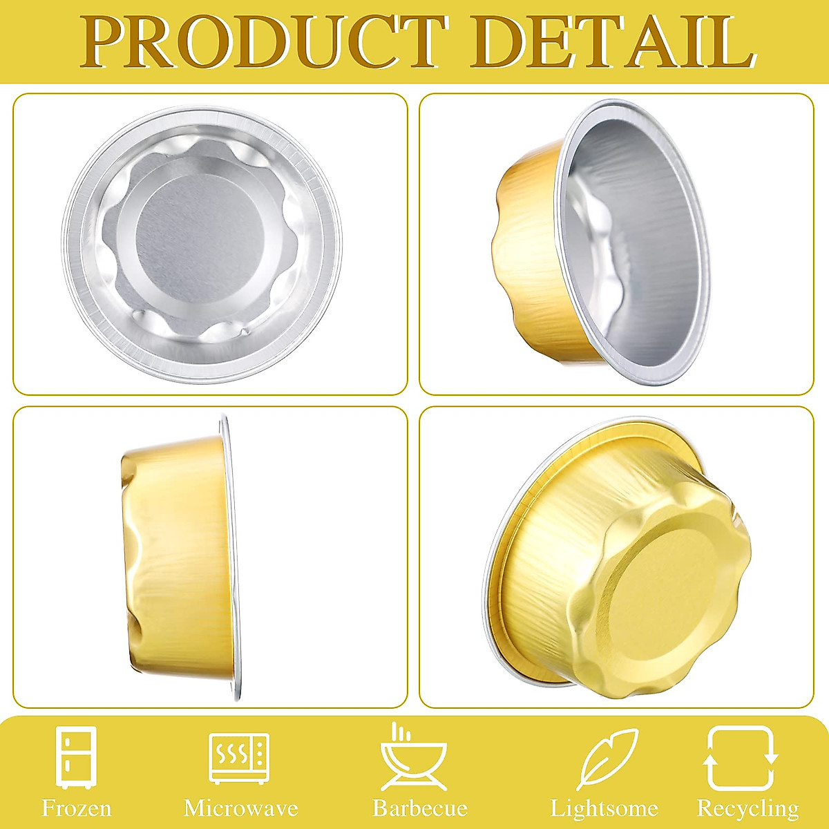 150 Pcs Baking Cups with Lids, 1.6 oz Muffin Cupcake Liners Aluminum Foil Mini Cake Pans Small Disposable Ramekins Flan Containers with Lids for Weddings, Birthday, Various Holiday (Gold)