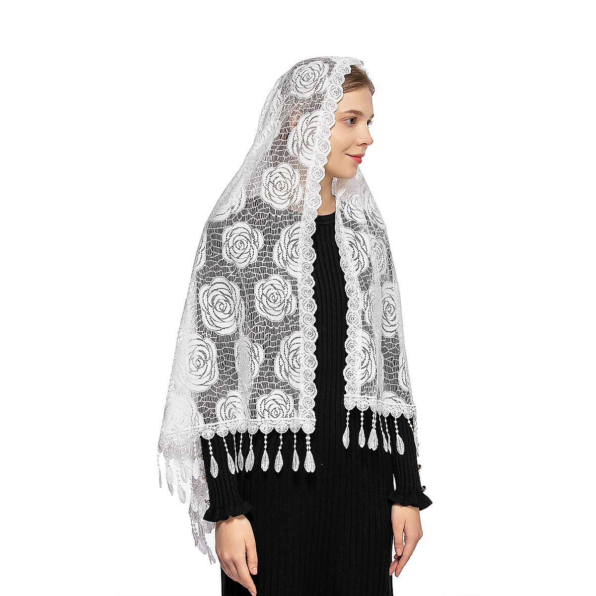 Wgior Rose Rectangular Chapel Veil Scarf Catholic Church Veils Mantilla Wrap Shawl Mass Head Covering (White)