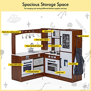 BRINJOY Corner Play Kitchen for Kids, Wooden Toddler Kitchen Playset w/Faucet, Sink, Microwave, Oven, Apron, Blackboard, Storage Cabinets, Pretend Cooking Toys w/Sound & Light Gift for Ages 3+