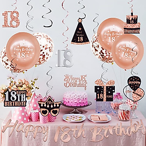 WOJOGO 18th Birthday Decorations For Girls, Rose Gold Happy 18th Year Old Birthday Decorations Includs Happy 18 Birthday Banner Hanging Swirls Cake Topper Balloons for Party Supplies