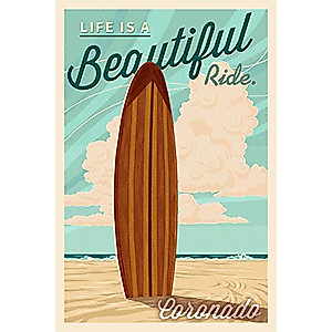 Coronado, California, Surfboard Letterpress, Life is a Beautiful Ride, (24x36 Wrapped Canvas, Wall Decor, Artwork)