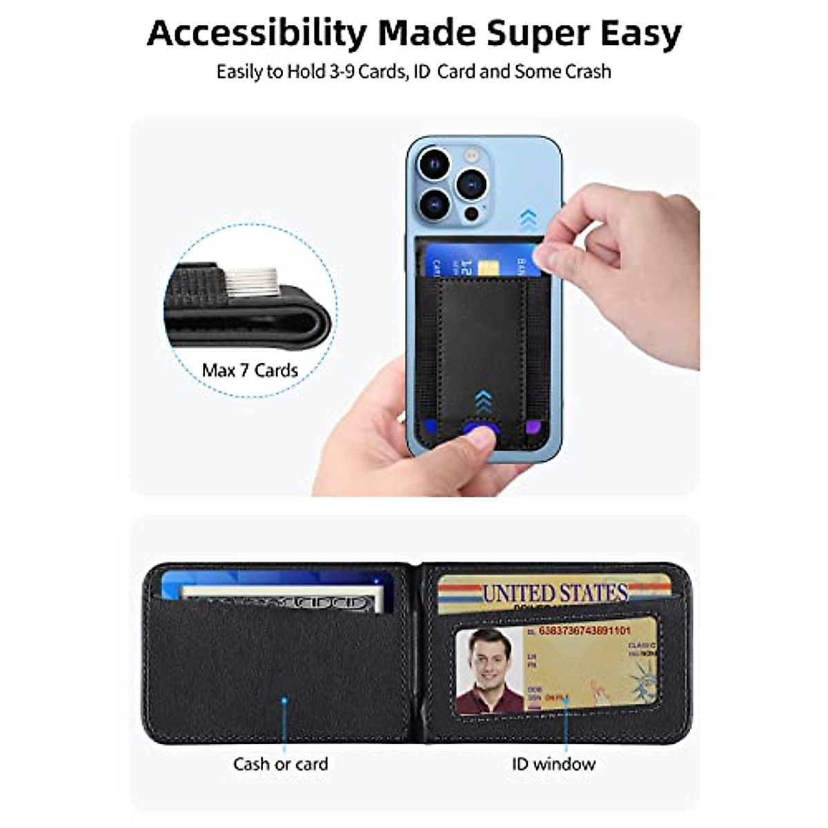 Miroddi for MagSafe Wallet Stand - Magnetic Phone Wallet with Adjustable Stand, Magnetic Wallet Card Holder for iPhone 15/14/13/12 Series, Open ID Window, Fits 9 Cards, Vegan Leather, Black