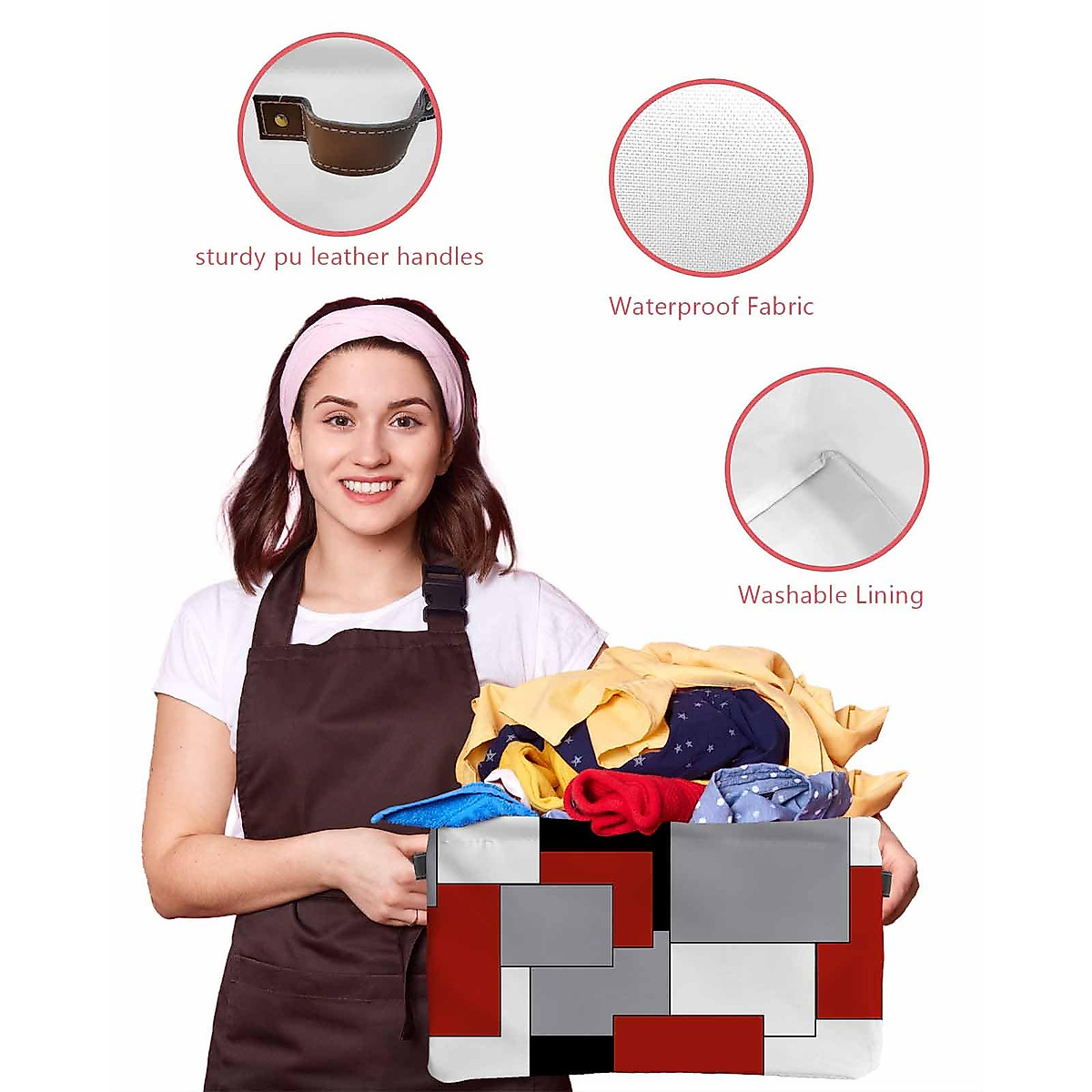 Abstract Storage Basket Large Foldable Storage Bins with Handles Geometric Mid Century Red Nordic Waterproof Fabric Laundry Baskets for Organizing Shelves Closet Toy Gifts Bedroom Home Decor