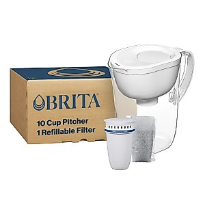 Brita Refillable Water Filtration System with Large 10 Cup Pitcher, Everyday, White, and 1 Refillable Filter