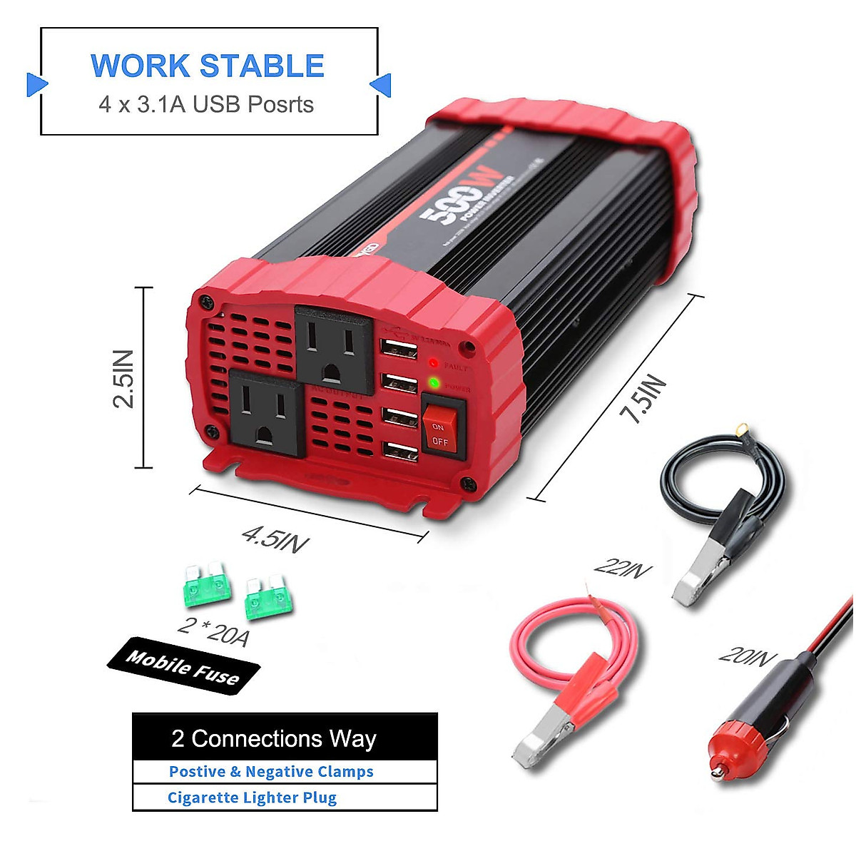 BYGD 500W Power Inverter, Car Power Inverter DC 12V to 110V AC Car Inverter Converter 4 USB Quick Charging Ports and Dual AC Outlets Car Charger Adpater with Cigarette Lighter Cable and Battery Clamps