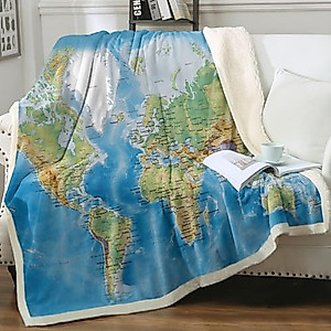 Sleepwish Map Fleece Blanket Blue Throw Blanket Soft Kids Throw Blanket Thick Plush Blanket Vivid 3D Print Map of The World Sherpa Blankets for Teens Kids Boys Girls 50x60 Inches