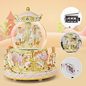 Carousel Snow Globe Gift, Music Box with Light 8-Horse Windup Musical Christmas Valentine Birthday Anniversary Present for Daughter Wife Girl Kids Clockwork Play Canon