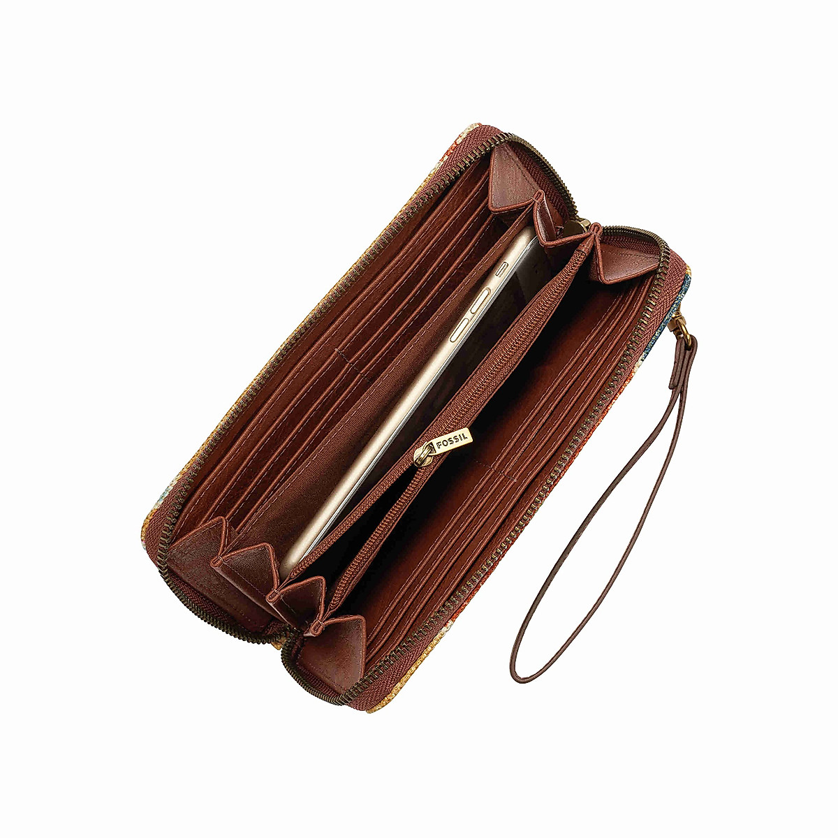 Fossil Women's Logan Fabric Wallet RFID Blocking Zip Around Clutch with Wristlet Strap, Multi