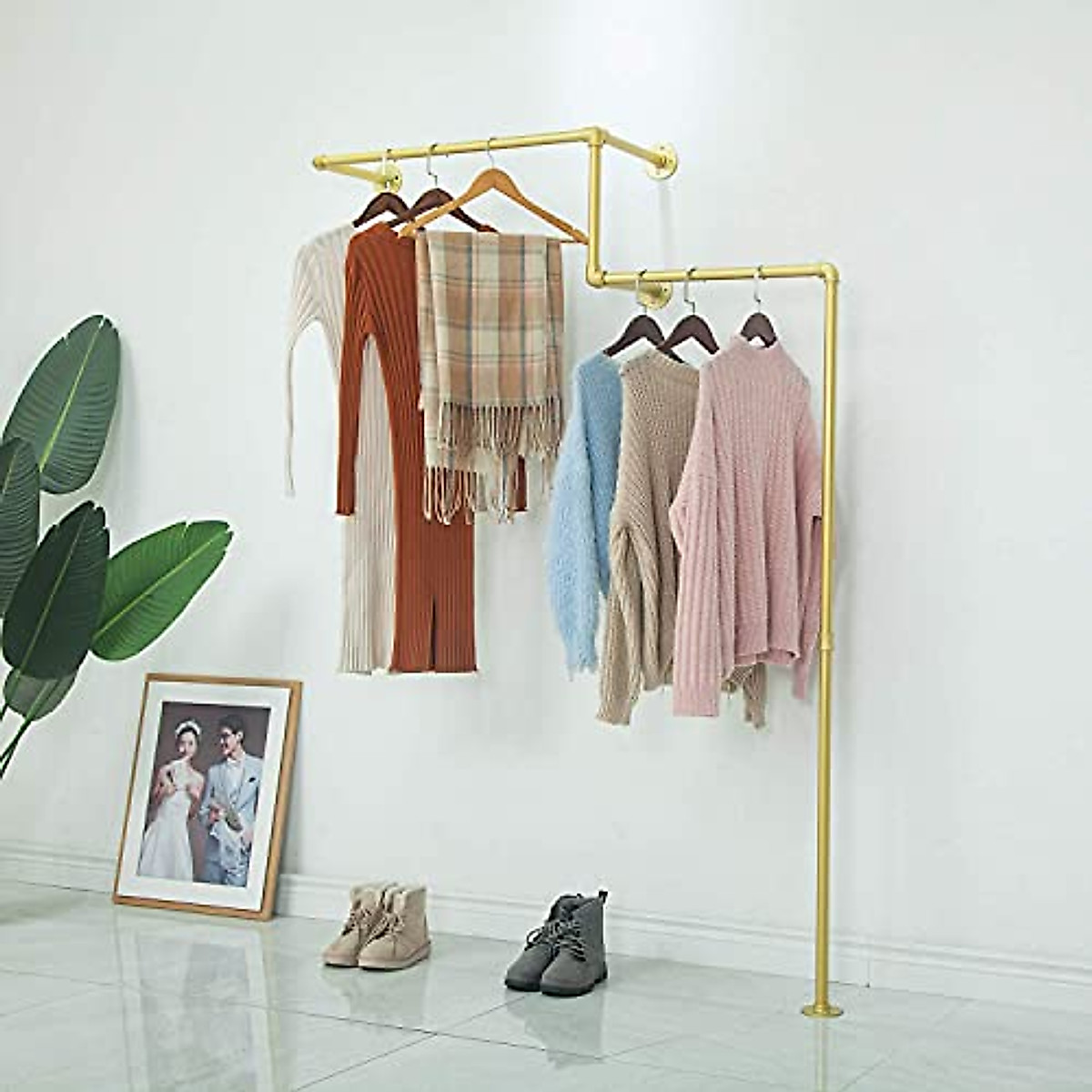 CIVANA Industrial Pipe Clothes Rack, Wall Mounted Garment Bar, Retail Clothing Display Stand, Pipeline Hanging Rod Steampunk Style, 59in, Gold