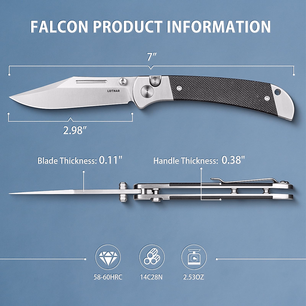 LOTHAR Falcon Pocket Knife, 2.98" 14C28N Steel Blade EDC Knife, G10 Handle, Pocket Folding Knife with Clip, Button Lock Knife, Gifts Pocket Knife for Men Women (Sliver)
